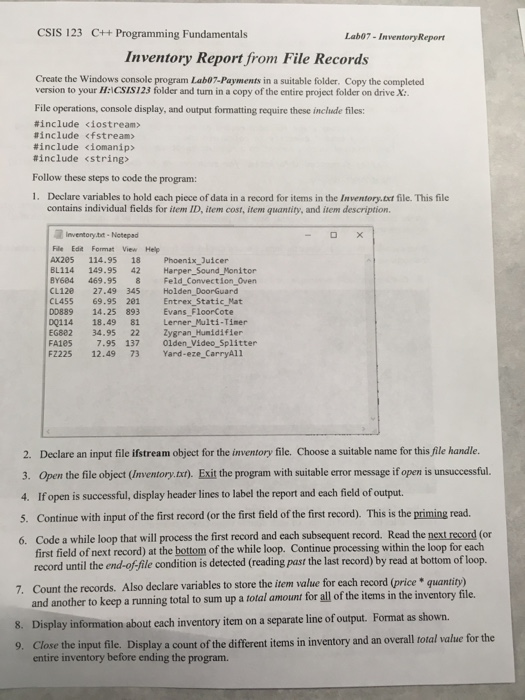 Solved Csis 123 C Programming Fundamentals Lab07 Inventory