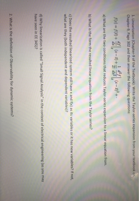 Solved 1. Linearization (Chapter-9 of the Textbook): Write | Chegg.com