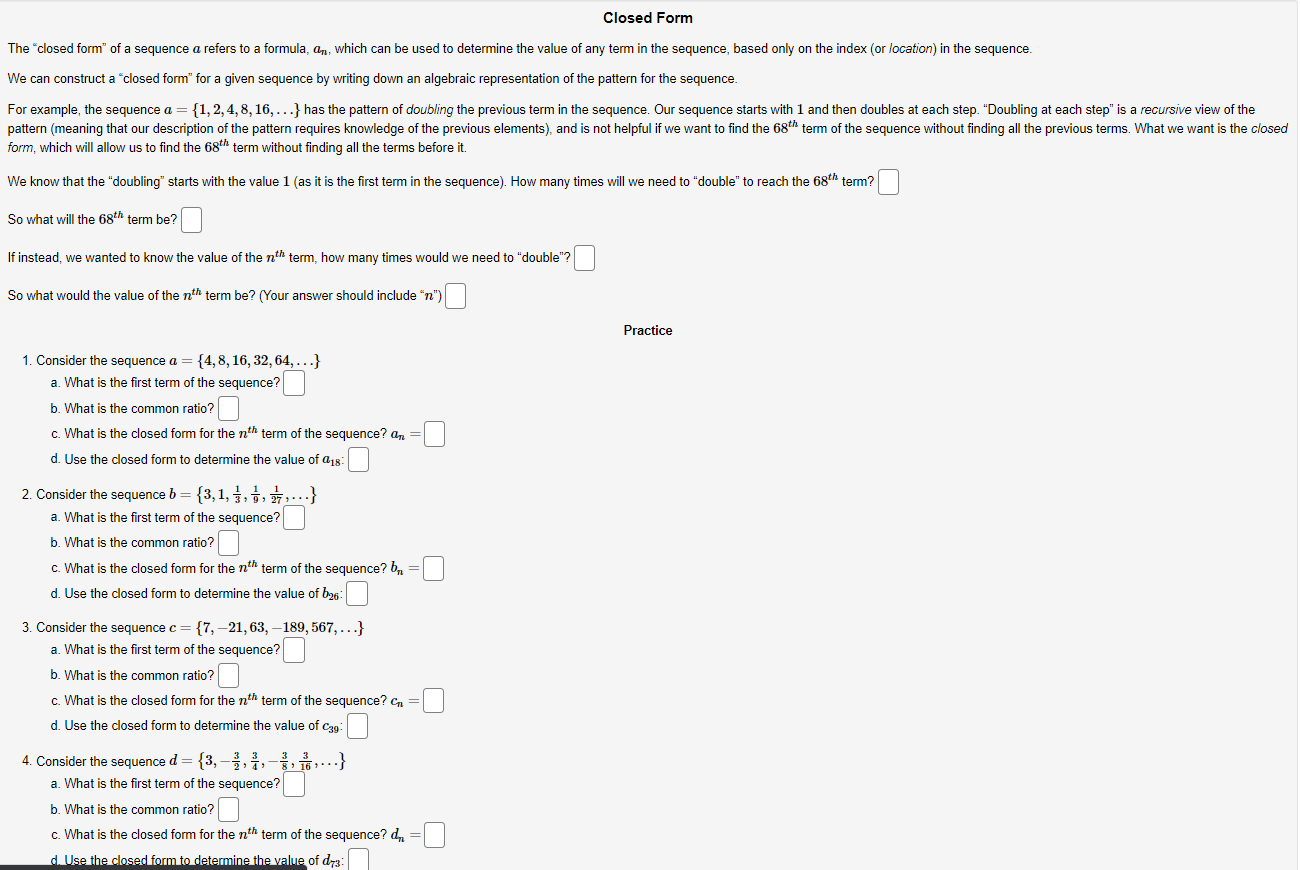 Solved Closed Form The "closed form of a sequence a refers | Chegg.com