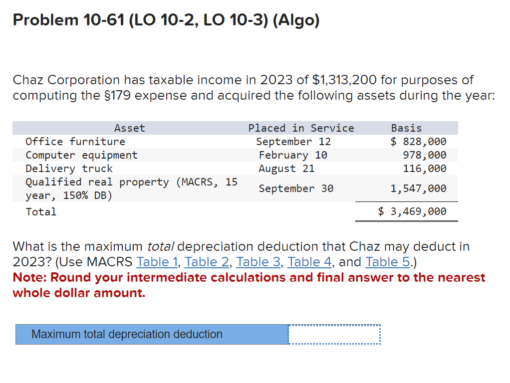 Solved Problem 10-61 (LO 10-2, LO 10-3) (Algo) Chaz | Chegg.com Solved Problem 10-61 (LO 10-2, LO 10-3) (Algo) Chaz | Chegg.com