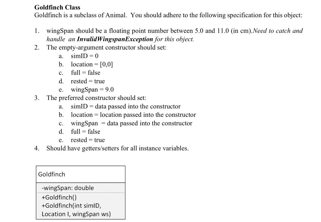 Solved Goldfinch Class Goldfinch is a subclass of Animal. | Chegg.com