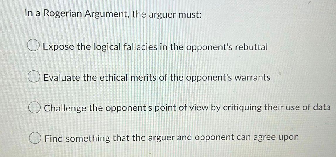 Solved In a Rogerian Argument, the arguer must: Expose the | Chegg.com