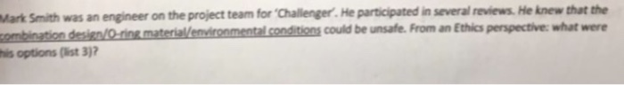 Solved Mark Smith was an engineer on the project team for | Chegg.com