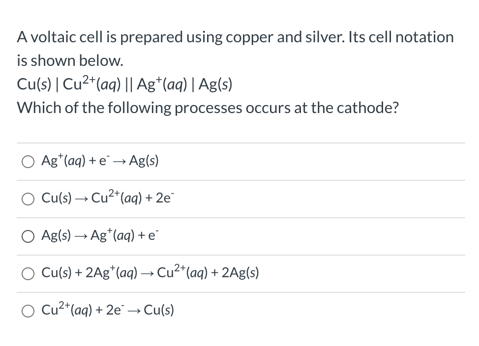 Solved A voltaic cell is prepared using copper and silver. | Chegg.com