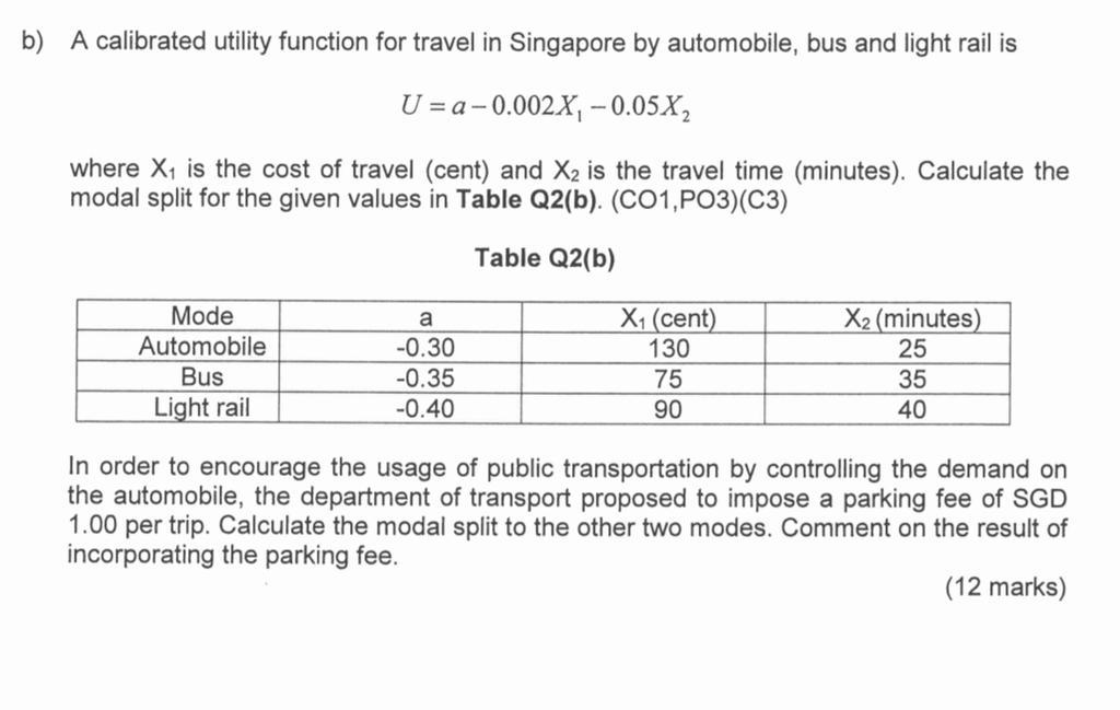 Solved A calibrated utility function for travel in Singapore | Chegg.com