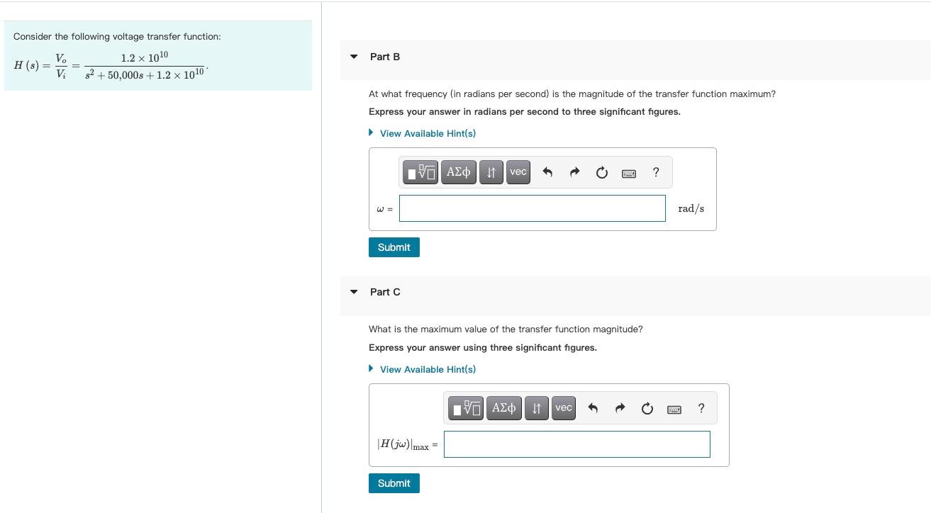 Solved Consider the following voltage transfer function: V. | Chegg.com