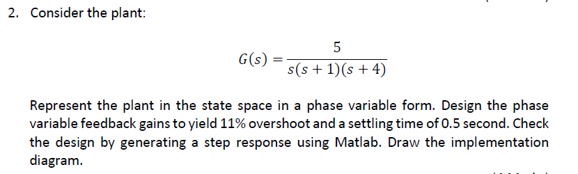 Solved 2. Consider the plant: G(S) 5 s(s + 1)(s + 4) | Chegg.com