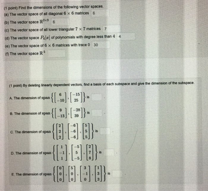 Solved (1 point) Find the dimensions of the following vector | Chegg.com