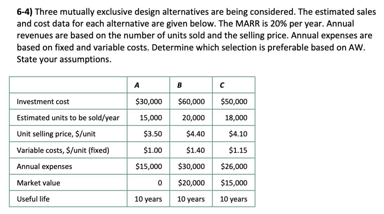 Solved 6-4) Three mutually exclusive design alternatives are | Chegg.com Solved 6-4) Three mutually exclusive design alternatives are | Chegg.com