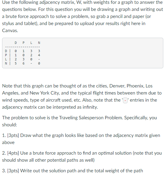 Solved Use the following adjacency matrix, W, with weights | Chegg.com