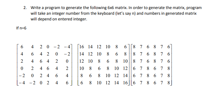 Solved 2. Write a program to generate the following 6x6 | Chegg.com