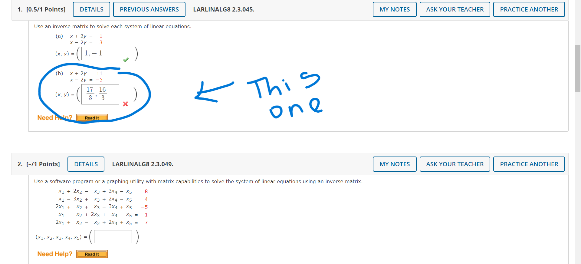 Solved Use an inverse matrix to solve each system of linear | Chegg.com