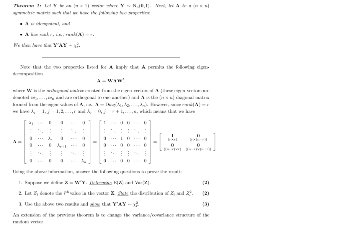 Solved Theorem 1: Let Y be an (n x 1) vector where Y ~ | Chegg.com