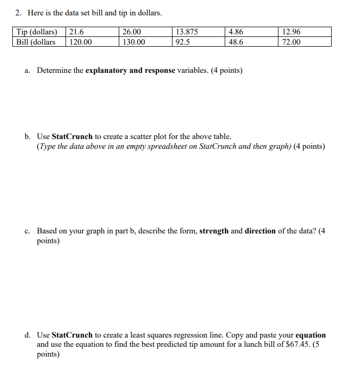 Solved 2. Here is the data set bill and tip in dollars. a. | Chegg.com