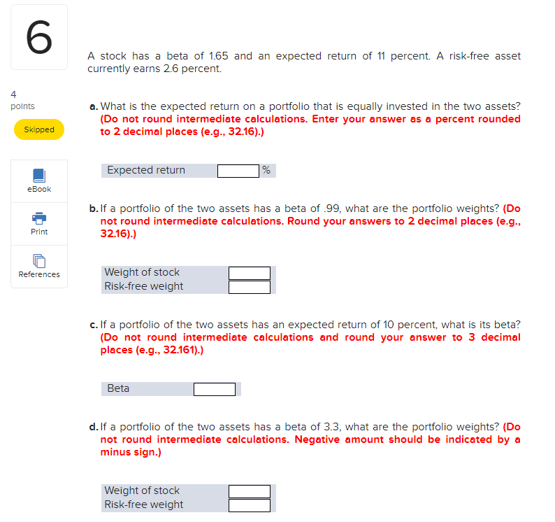 Solved A stock has a beta of 1.65 and an expected return of | Chegg.com