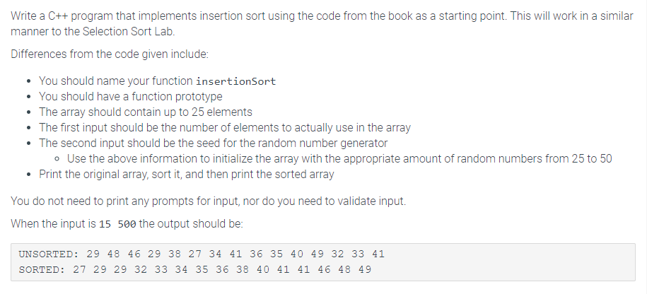 Solved Write a C++ program that implements insertion sort | Chegg.com