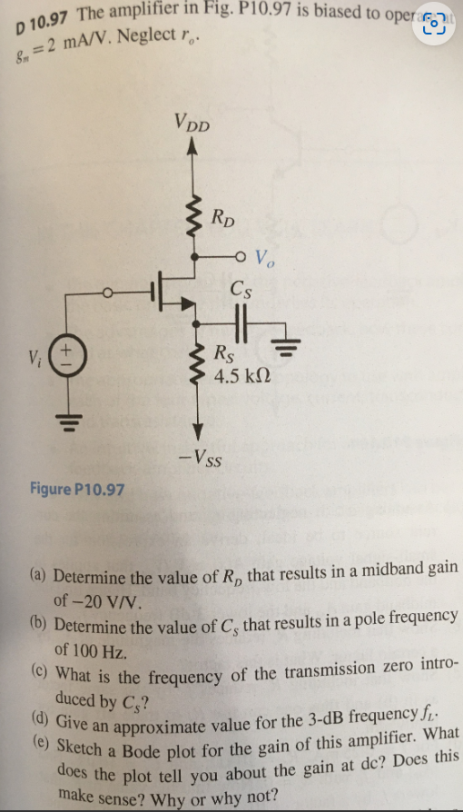 Solved D 10.97 The amplifier in Fig. P10.97 is biased to | Chegg.com