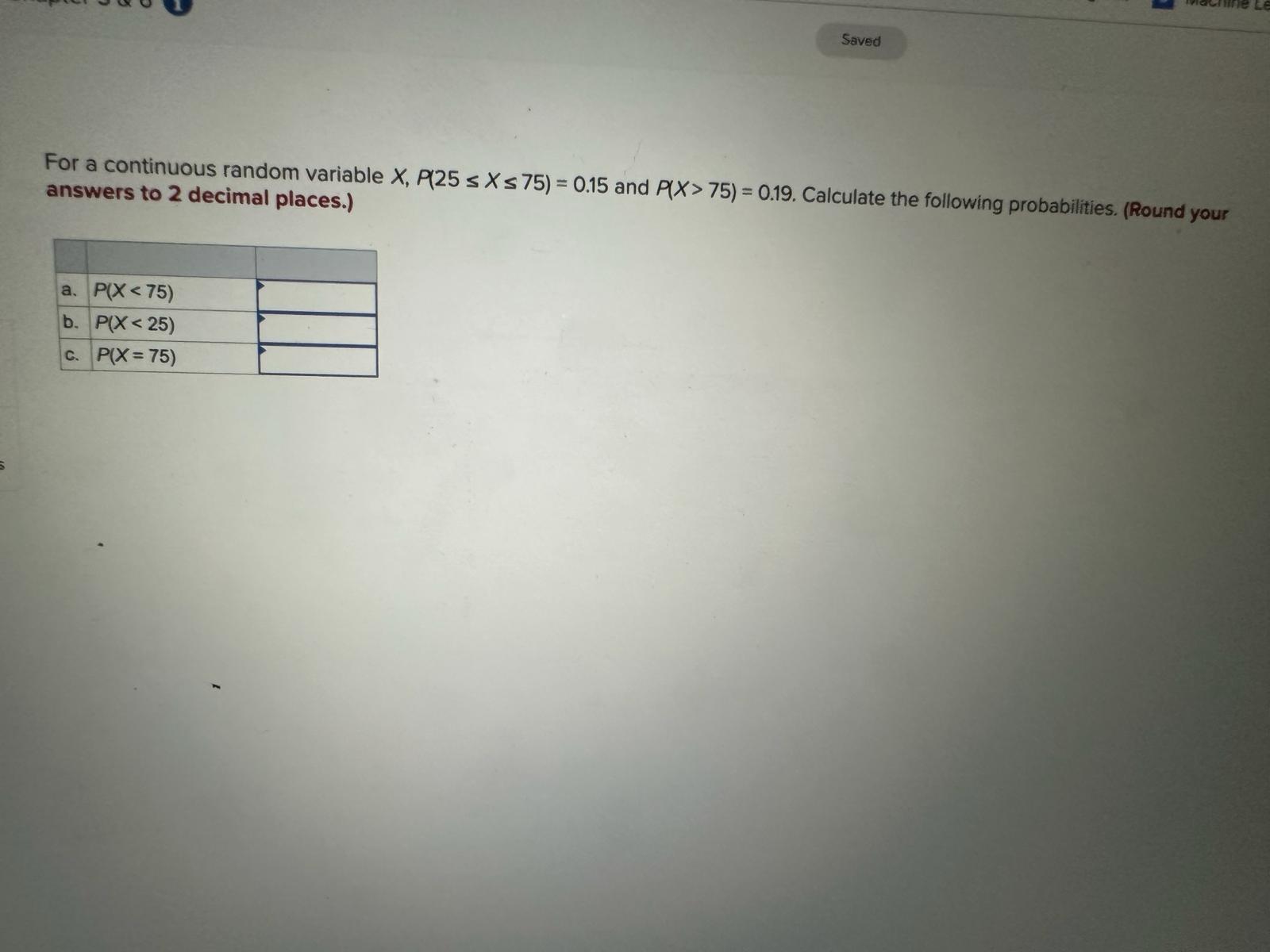 Solved For a continuous random variable x,P(25≤x≤75)=0.15 | Chegg.com