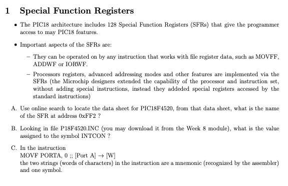 1 Special Function Registers • The PIC18 architecture | Chegg.com