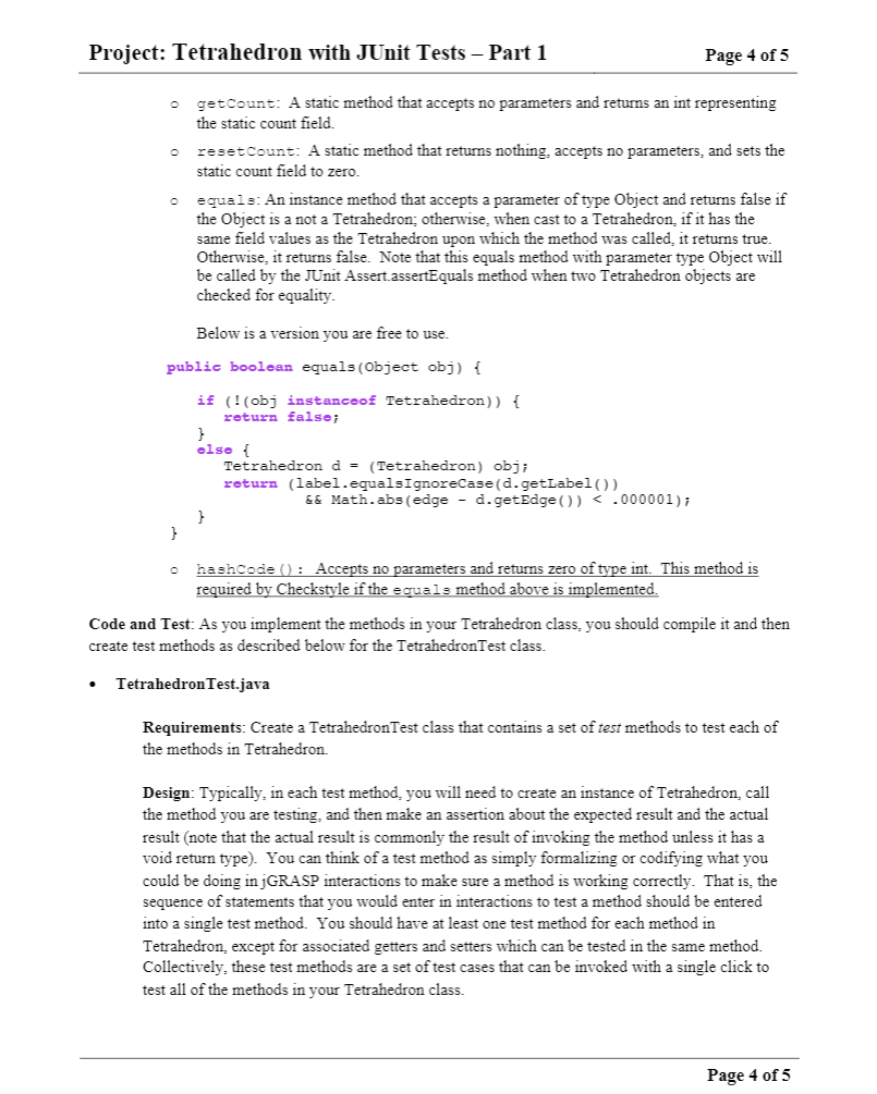 Project: Tetrahedron with JUnit Tests - Part 1 Page 1 | Chegg.com