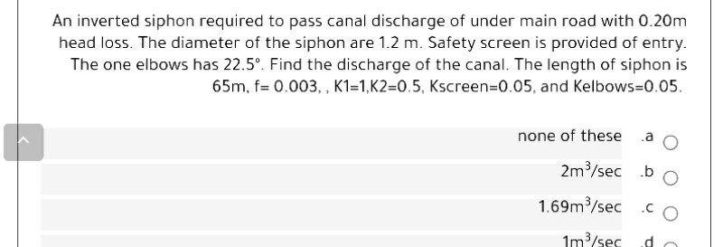 Solved An inverted siphon required to pass canal discharge | Chegg.com