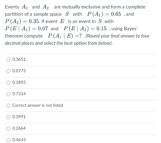 Solved Events A1 and A2 are mutually exclusive and form a | Chegg.com