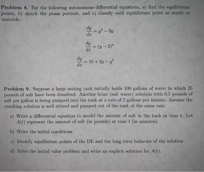 Solved Problem 8. For the following autonomous differential | Chegg.com
