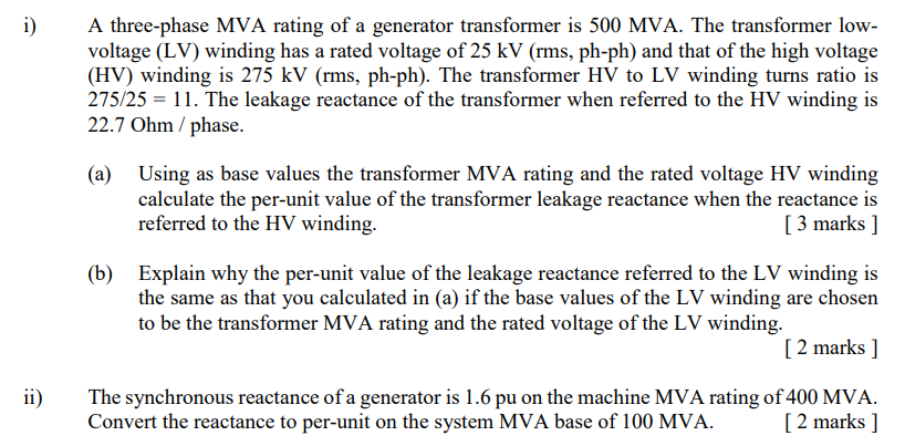 Solved i) A three-phase MVA rating of a generator | Chegg.com