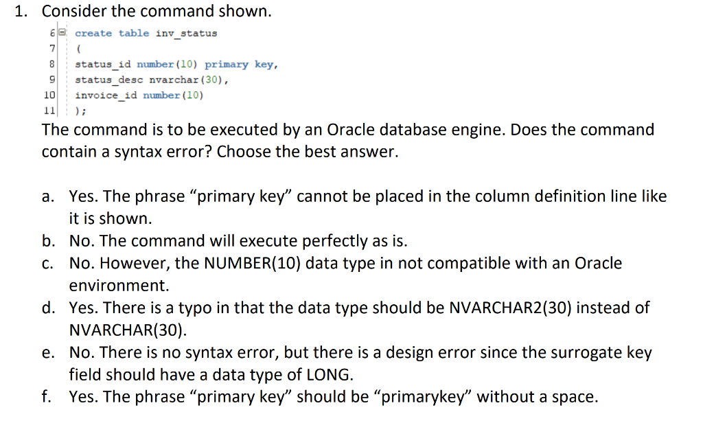 Solved 66 7 8 1. Consider the command shown. create table | Chegg.com