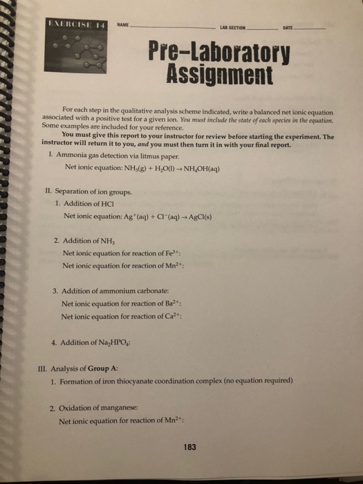 Solved ENERCISE 14 NAME LAB SECTION Pre-Laboratory | Chegg.com