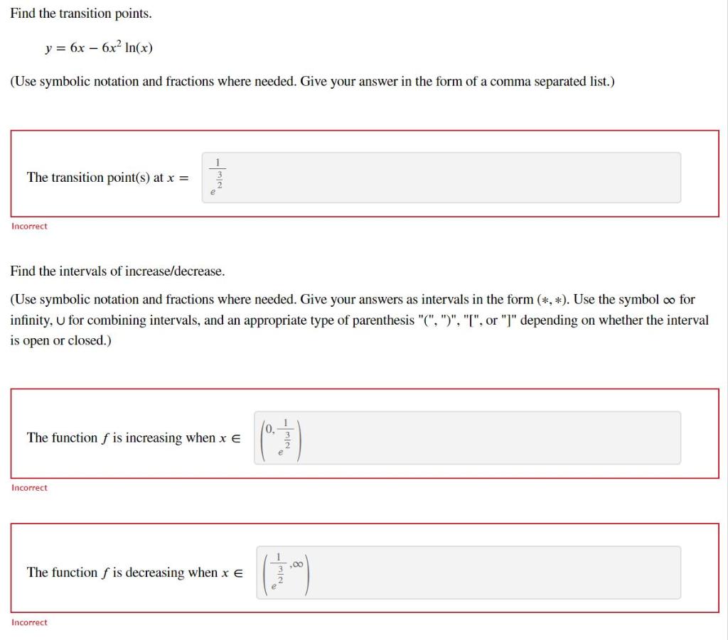 Solved Find the transition points. y=6x−6x2ln(x) (Use | Chegg.com