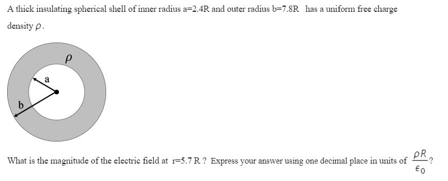 Solved A thick insulating spherical shell of inner radius | Chegg.com