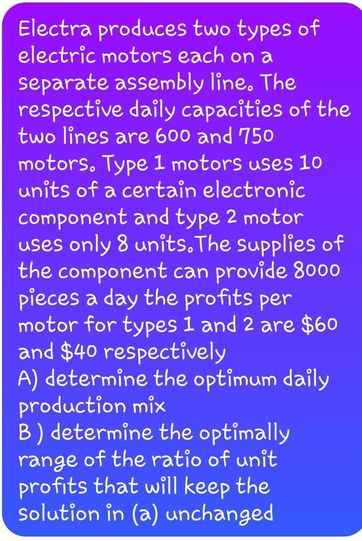 Solved Electra produces two types of electric motors each on | Chegg.com