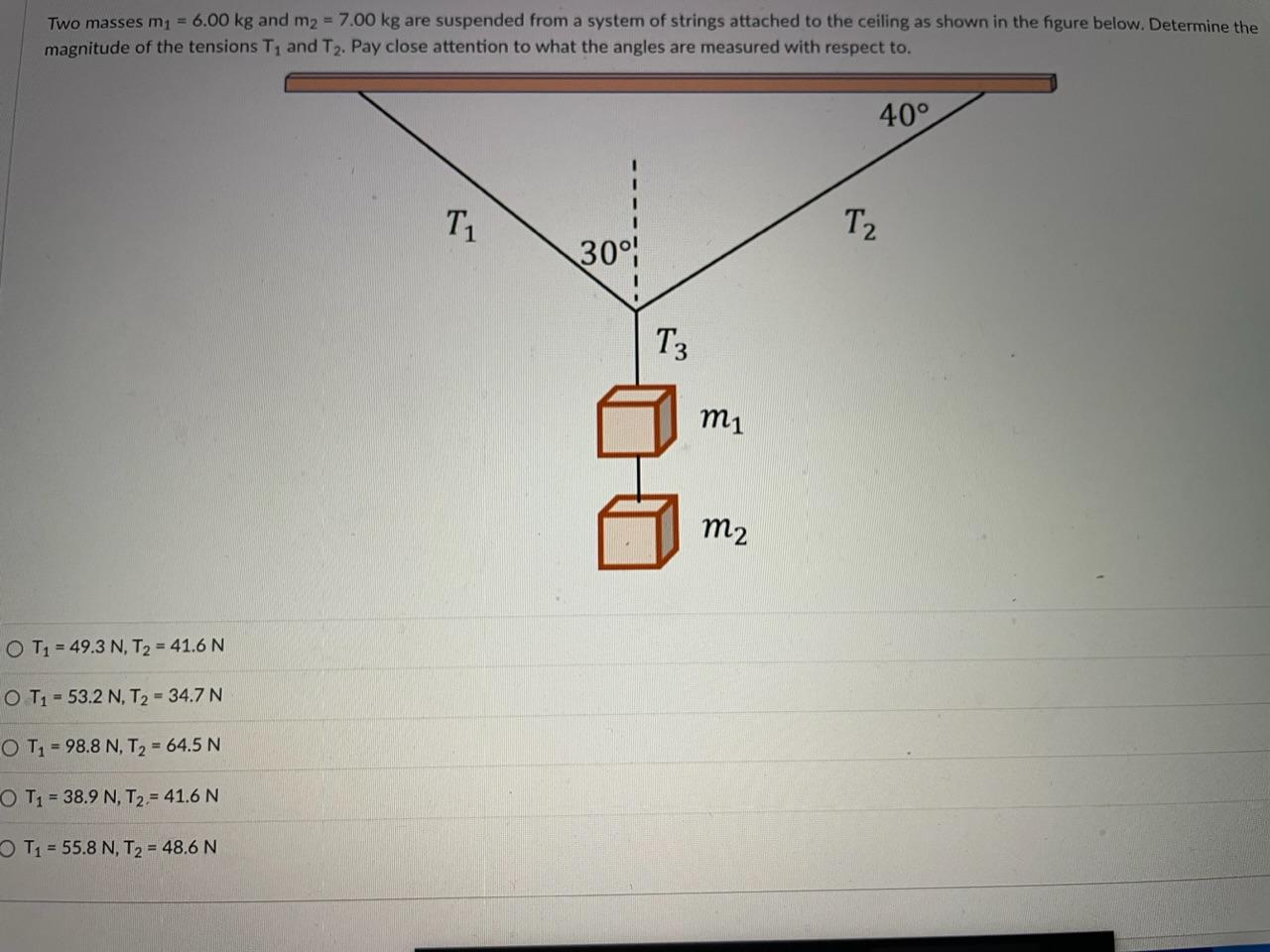 Solved Two masses m1=6.00 kg and m2=7.00 kg are suspended | Chegg.com