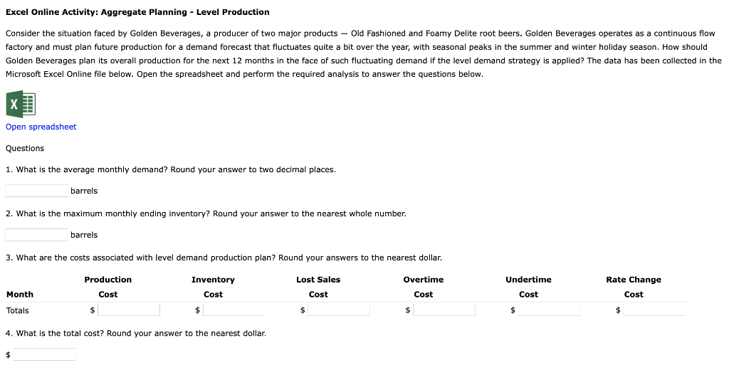 Solved Excel Online Activity: Aggregate Planning - Level | Chegg.com