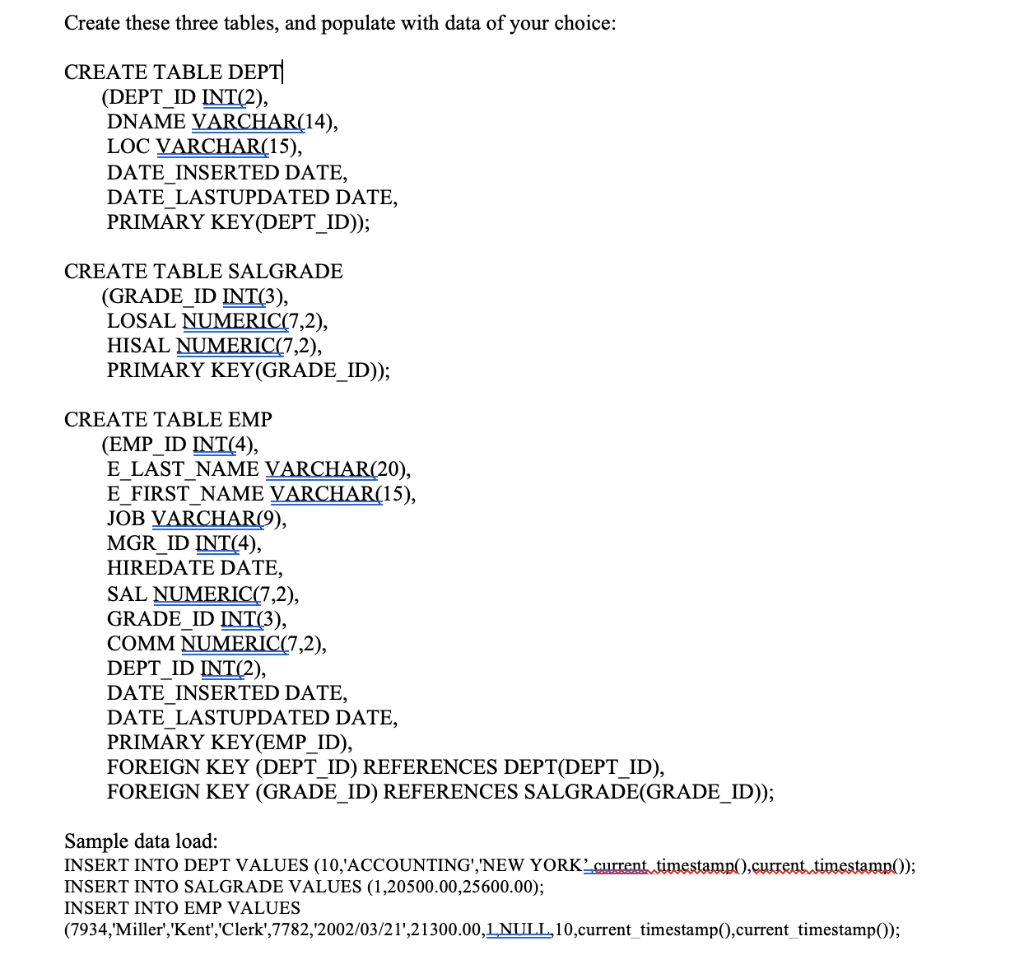 Solved Create these three tables, and populate with data of | Chegg.com