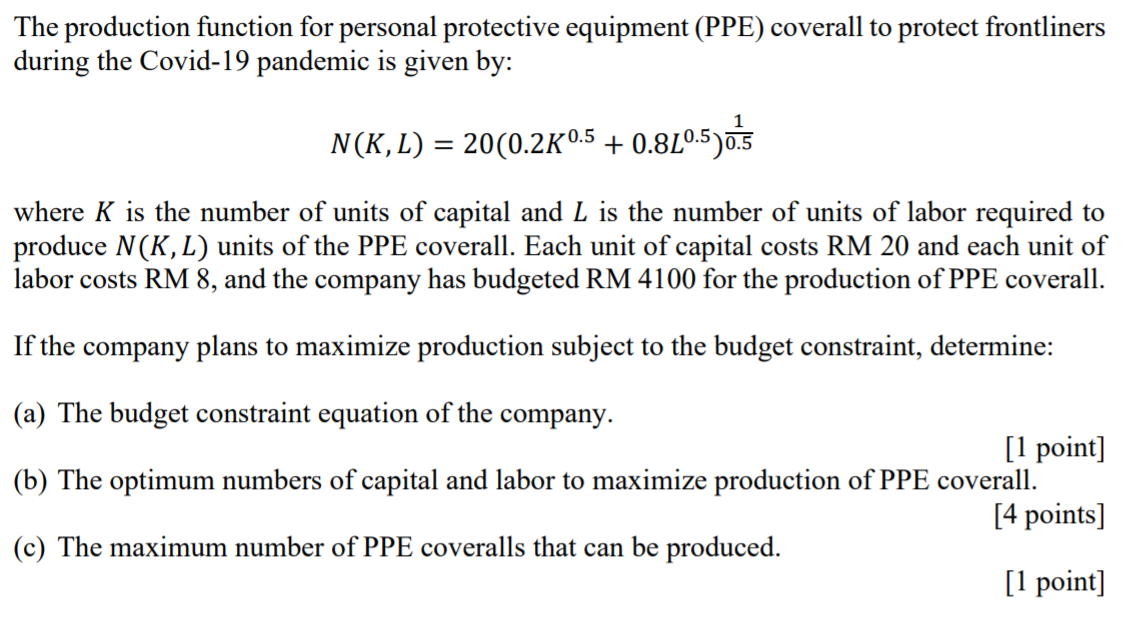 Solved The production function for personal protective | Chegg.com