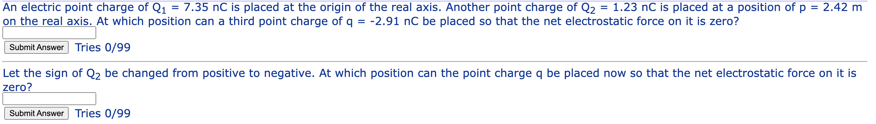 Solved = = = An electric point charge of Q1 = 7.35 nC is | Chegg.com