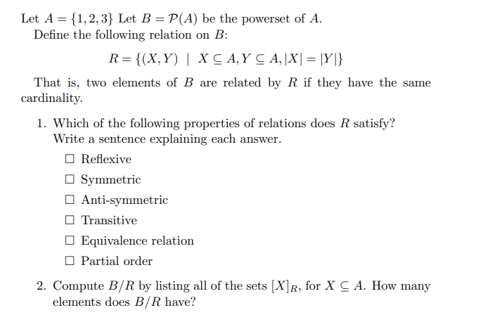 Solved Let A={1,2,3} Let B=P(A) be the powerset of A. Define | Chegg.com