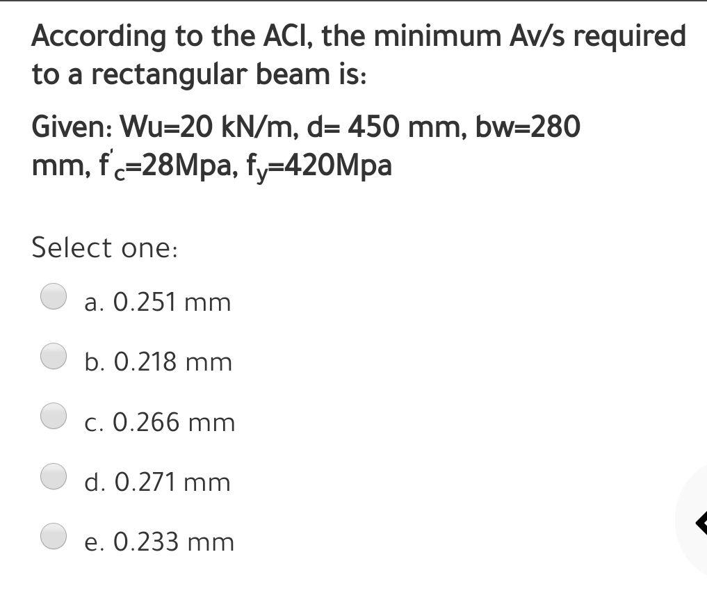 Solved According to the ACI, the minimum Av/s required to a | Chegg.com