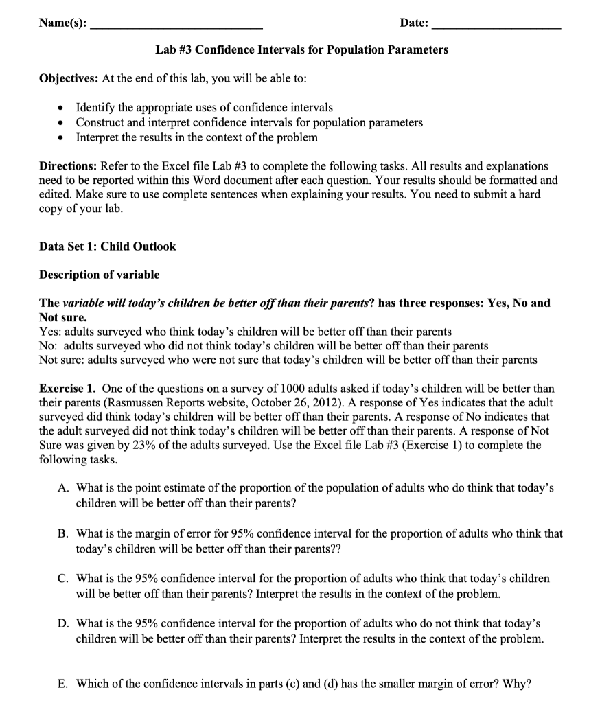 Name(s): Date: Lab \#3 Confidence Intervals for | Chegg.com