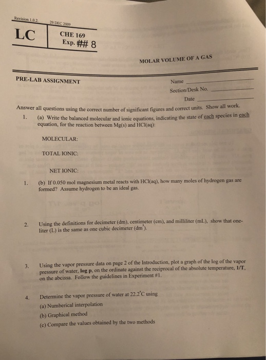 Solved CHE 169 Exp.## 8 MOLAR VOLUME OF A GAS PRE-LAB | Chegg.com