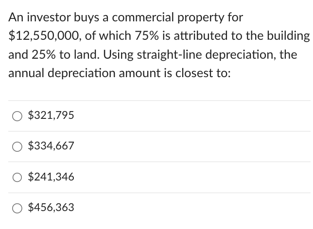 Solved An investor buys a commercial property | Chegg.com