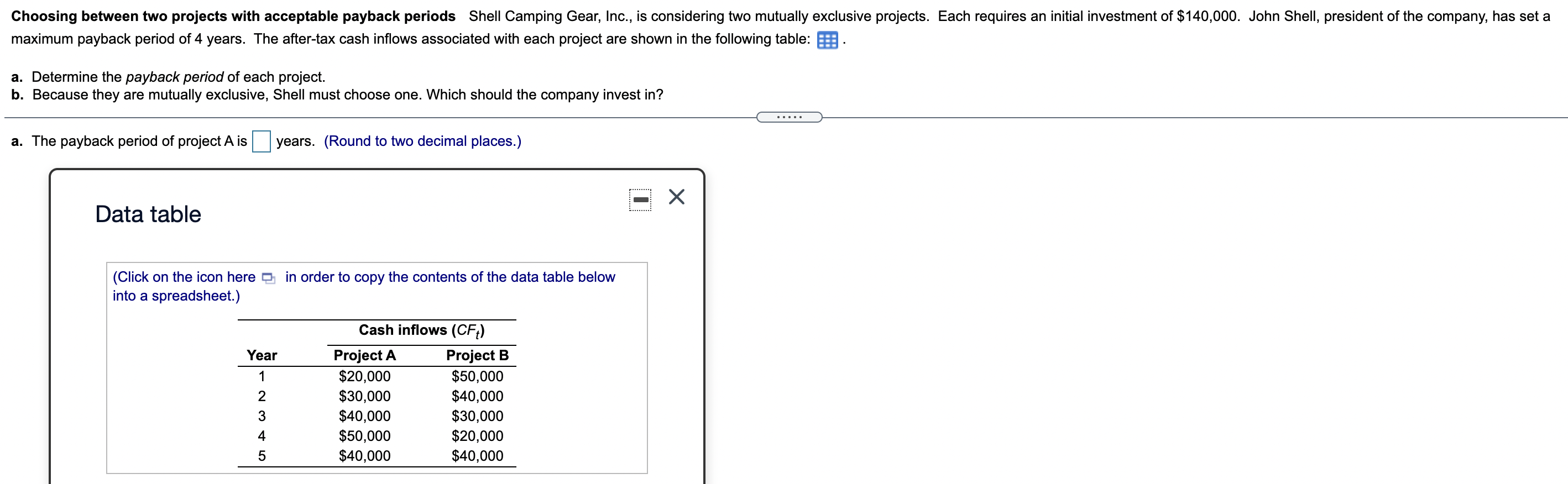 Solved Choosing between two projects with acceptable payback | Chegg.com