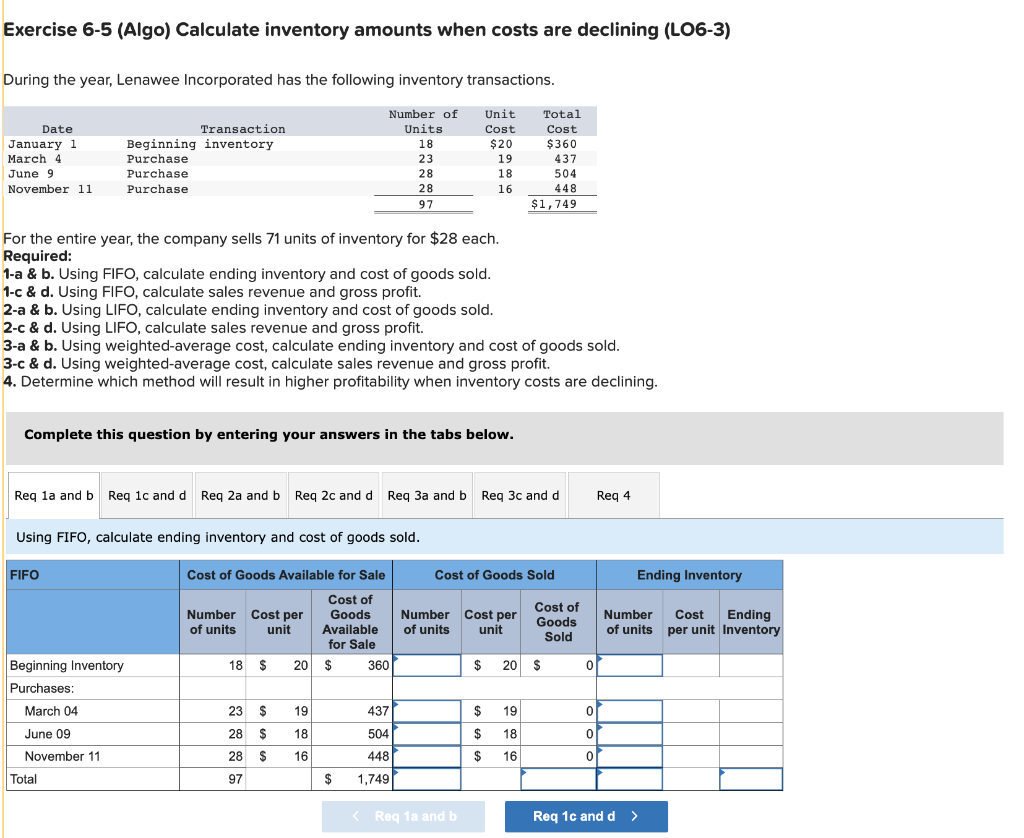 [Solved]: Exercise 6-5 (Algo) Calculate inventory amounts