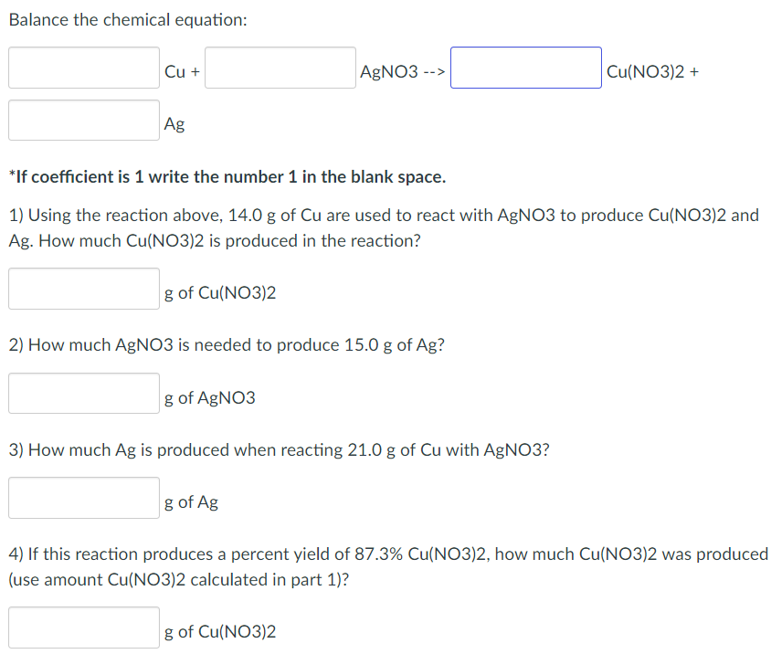 Solved Balance the chemical equation: Cu + AgNO3 --> | Chegg.com