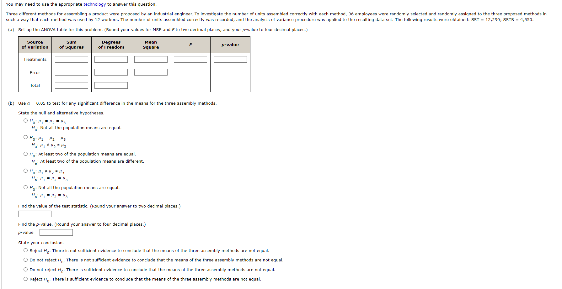 Solved (a) Set up the ANOVA table for this problem. (Round | Chegg.com