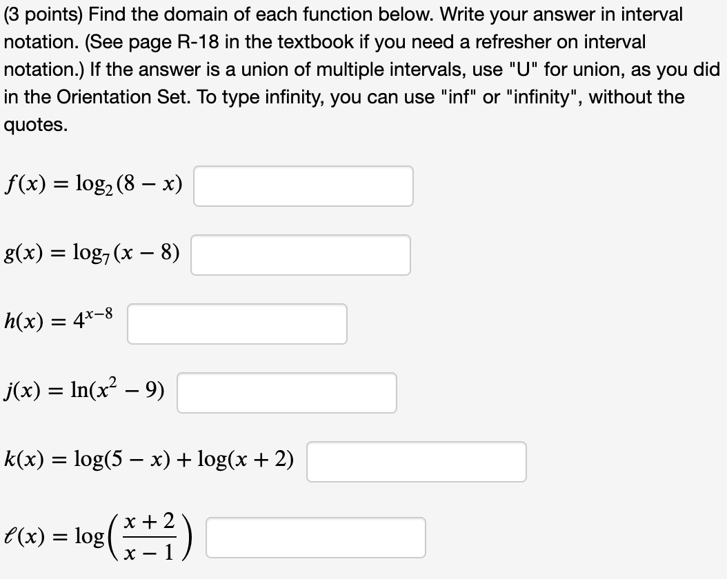 Solved (3 points) Find the domain of each function below. | Chegg.com