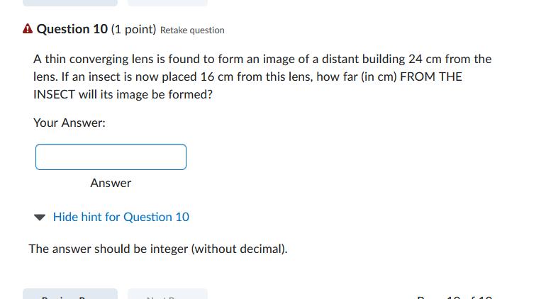 Solved Question 10 (1 point) Retake question A thin | Chegg.com
