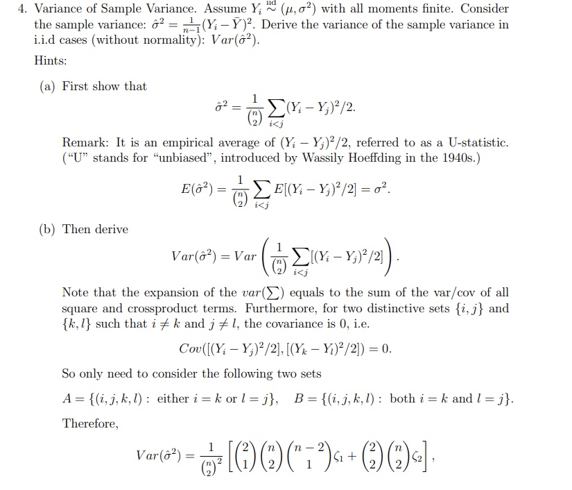 Solved Variance of Sample Variance. Assume Yi∼ nd (μ,σ2) | Chegg.com